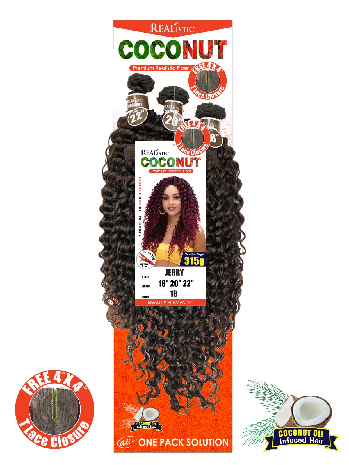 Realistic Coconut Jerry 18" 20" 22" with 4x4 Closure | Elevate Styles